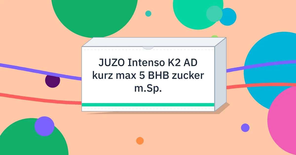 Symbolbild: Packung mit der Aufschrift JUZO Intenso K2 AD kurz max 5 BHB zucker m.Sp. (PZN 18615481) – Verfügbarkeit und Bezug in Apotheken in Frankfurt am Main