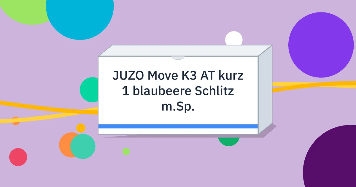 Symbolbild: Packung mit der Aufschrift JUZO Move K3 AT kurz 1 blaubeere Schlitz m.Sp. (PZN 20684199) – Verfügbarkeit und Bezug in Apotheken in Frankfurt am Main