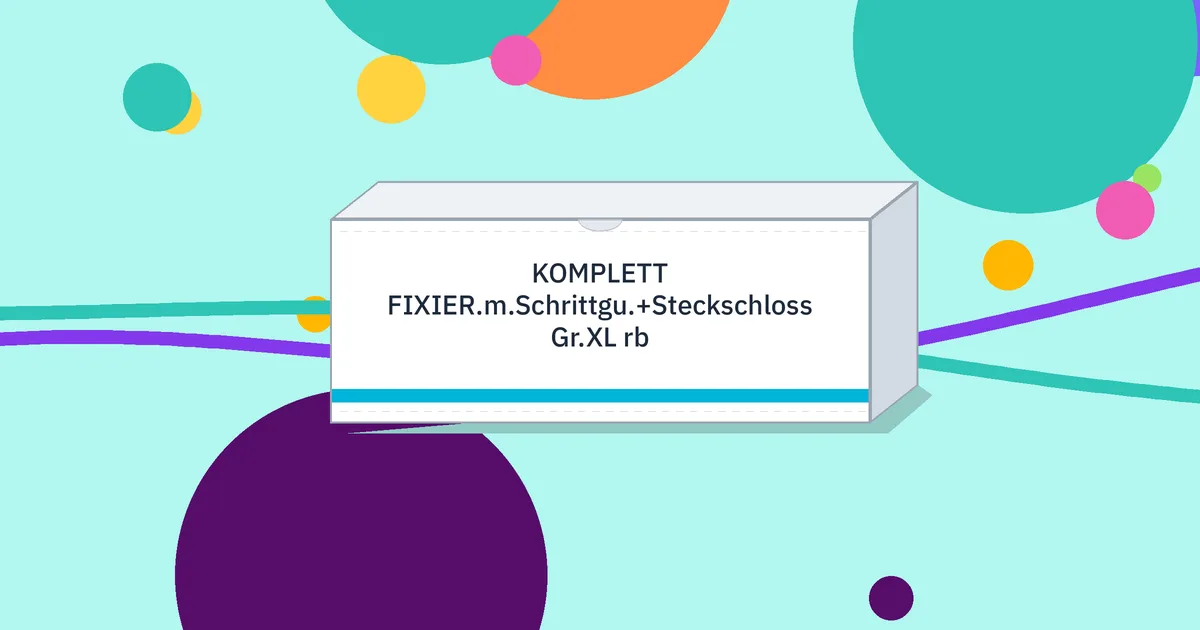 Symbolbild: Packung mit der Aufschrift KOMPLETT FIXIER.m.Schrittgu.+Steckschloss Gr.XL rb (PZN 16014375) – Verfügbarkeit und Bezug in Apotheken in Frankfurt am Main