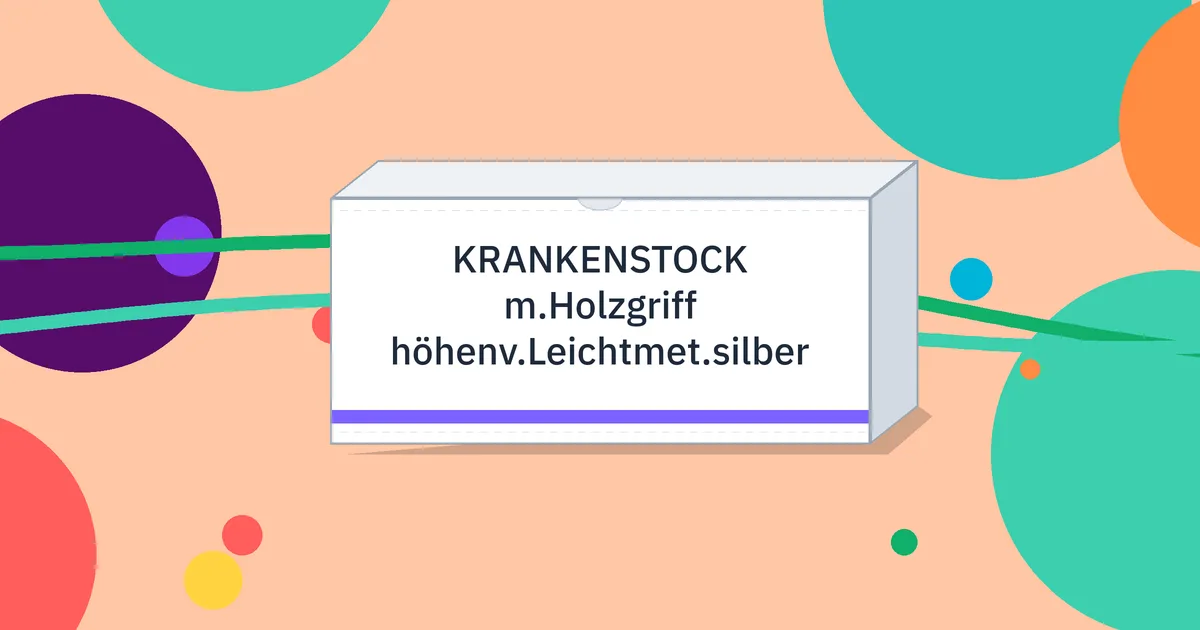 Symbolbild: Packung mit der Aufschrift KRANKENSTOCK m.Holzgriff höhenv.Leichtmet.silber (PZN 03053014) – Verfügbarkeit und Bezug in Apotheken in Frankfurt am Main