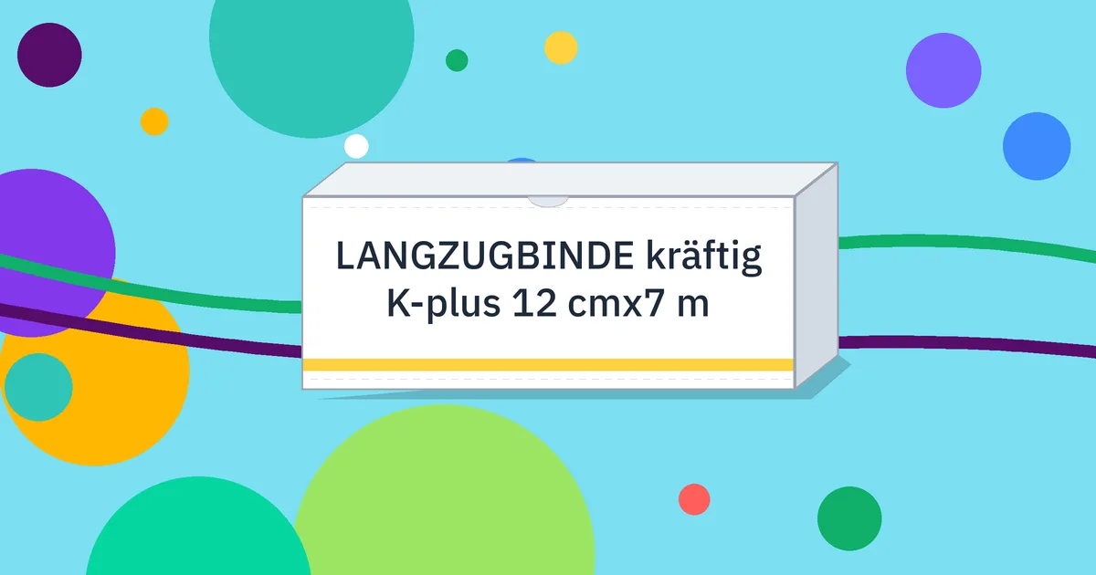 Symbolbild: Packung mit der Aufschrift LANGZUGBINDE kräftig K-plus 12 cmx7 m (PZN 11058600) – Verfügbarkeit und Bezug in Apotheken in Frankfurt am Main