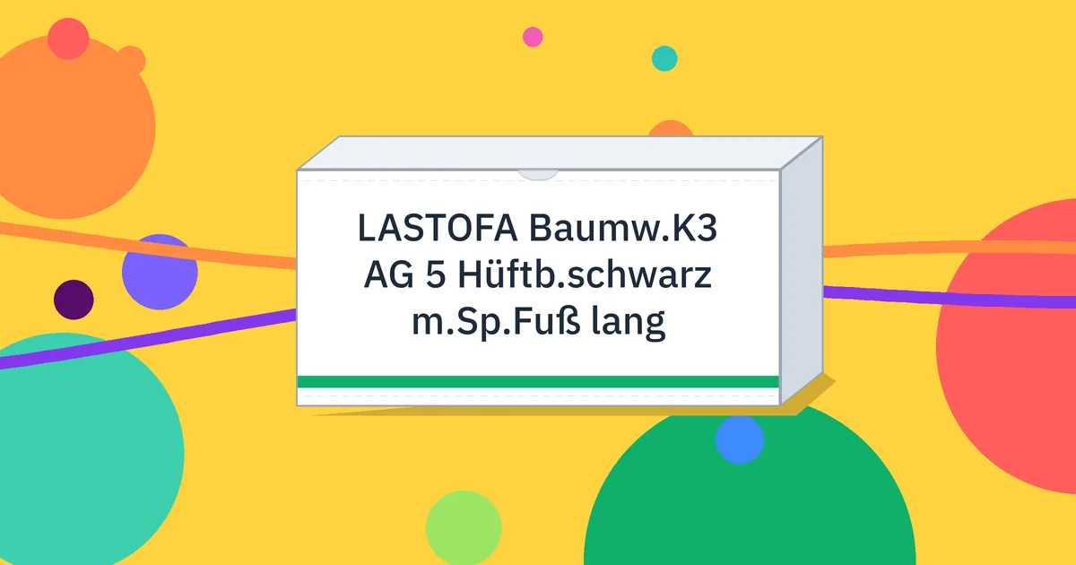 Symbolbild: Packung mit der Aufschrift LASTOFA Baumw.K3 AG 5 Hüftb.schwarz m.Sp.Fuß lang (PZN 01956367) – Verfügbarkeit und Bezug in Apotheken in Frankfurt am Main