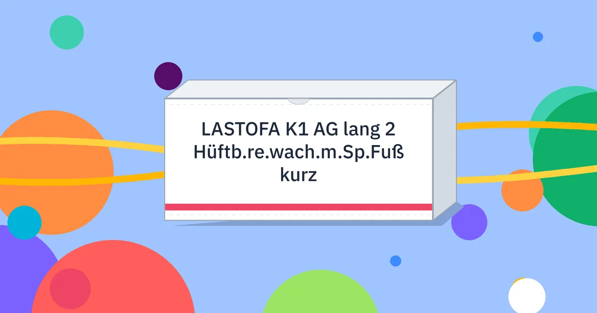 Symbolbild: Packung mit der Aufschrift LASTOFA K1 AG lang 2 Hüftb.re.wach.m.Sp.Fuß kurz (PZN 13797684) – Verfügbarkeit und Bezug in Apotheken in Frankfurt am Main