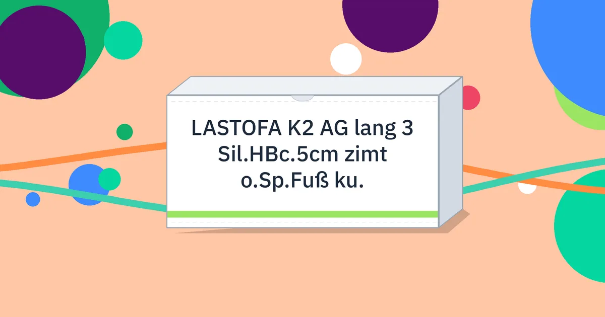 Symbolbild: Packung mit der Aufschrift LASTOFA K2 AG lang 3 Sil.HBc.5cm zimt o.Sp.Fuß ku. (PZN 13804071) – Verfügbarkeit und Bezug in Apotheken in Frankfurt am Main