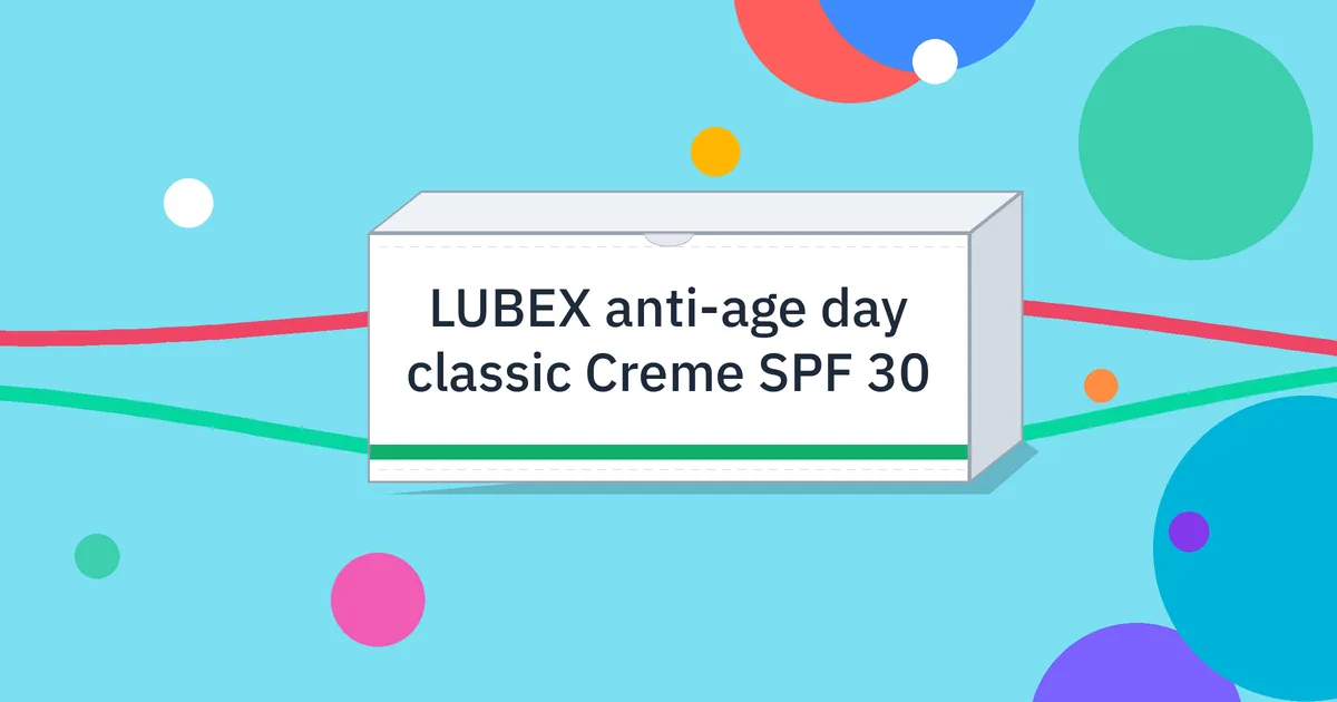 Symbolbild: Packung mit der Aufschrift LUBEX anti-age day classic Creme SPF 30 (PZN 17439898) – Verfügbarkeit und Bezug in Apotheken in Frankfurt am Main
