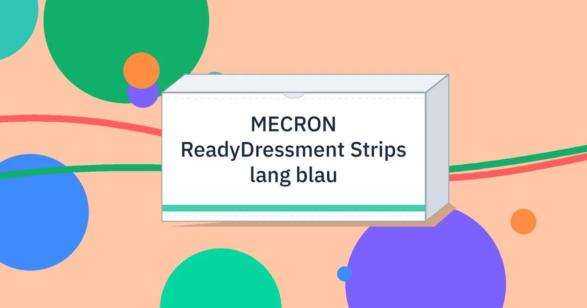 Symbolbild: Packung mit der Aufschrift MECRON ReadyDressment Strips lang blau (PZN 13164588) – Verfügbarkeit und Bezug in Apotheken in Frankfurt am Main