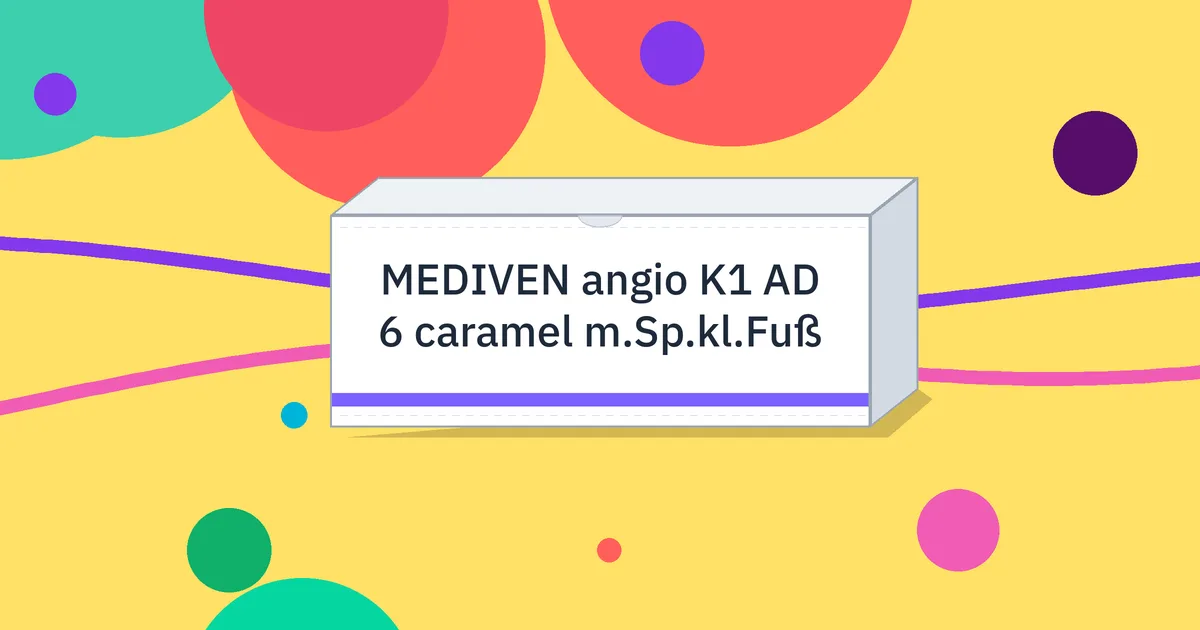 Symbolbild: Packung mit der Aufschrift MEDIVEN angio K1 AD 6 caramel m.Sp.kl.Fuß (PZN 17209980) – Verfügbarkeit und Bezug in Apotheken in Frankfurt am Main