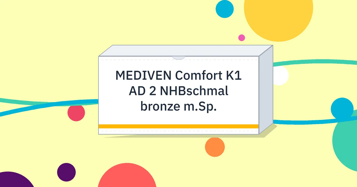 Symbolbild: Packung mit der Aufschrift MEDIVEN Comfort K1 AD 2 NHBschmal bronze m.Sp. (PZN 14561713) – Verfügbarkeit und Bezug in Apotheken in Frankfurt am Main