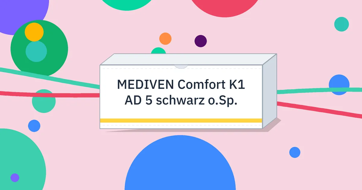 Symbolbild: Packung mit der Aufschrift MEDIVEN Comfort K1 AD 5 schwarz o.Sp. (PZN 04418452) – Verfügbarkeit und Bezug in Apotheken in Frankfurt am Main