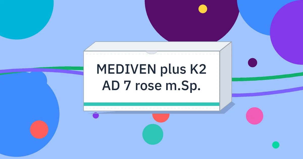 Symbolbild: Packung mit der Aufschrift MEDIVEN plus K2 AD 7 rose m.Sp. (PZN 15093148) – Verfügbarkeit und Bezug in Apotheken in Frankfurt am Main