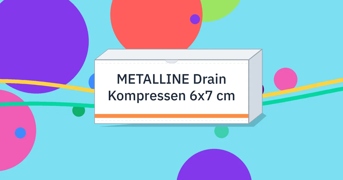 Symbolbild: Packung mit der Aufschrift METALLINE Drain Kompressen 6x7 cm (PZN 20869355) – Verfügbarkeit und Bezug in Apotheken in Frankfurt am Main