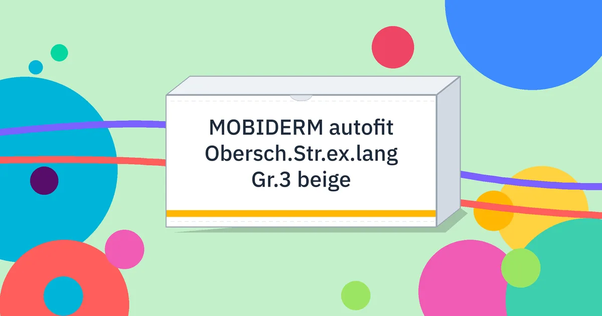 Symbolbild: Packung mit der Aufschrift MOBIDERM autofit Obersch.Str.ex.lang Gr.3 beige (PZN 13970214) – Verfügbarkeit und Bezug in Apotheken in Frankfurt am Main