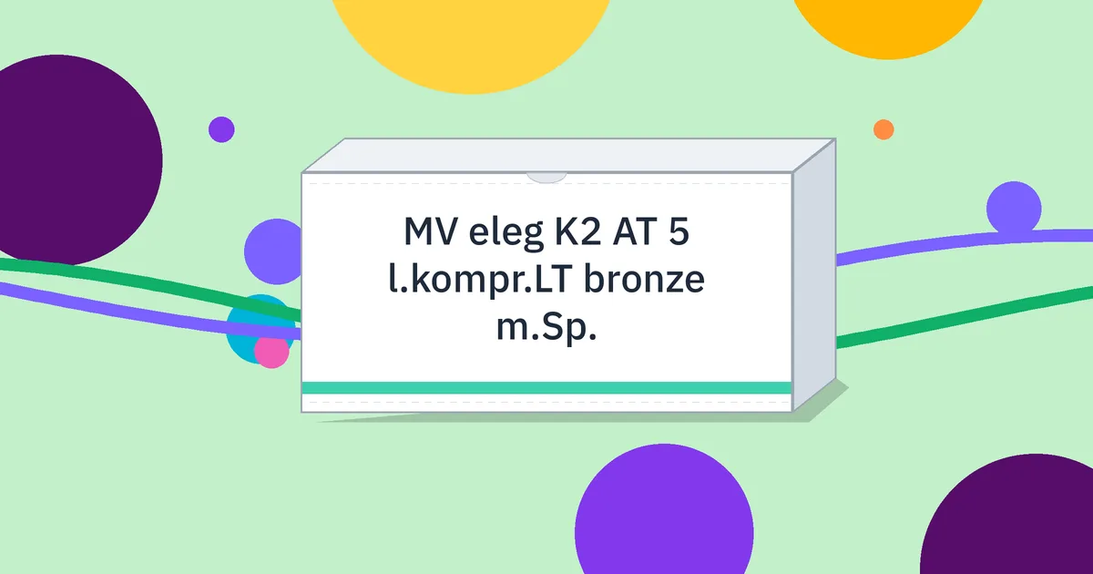Symbolbild: Packung mit der Aufschrift MV eleg K2 AT 5 l.kompr.LT bronze m.Sp. (PZN 15285149) – Verfügbarkeit und Bezug in Apotheken in Frankfurt am Main