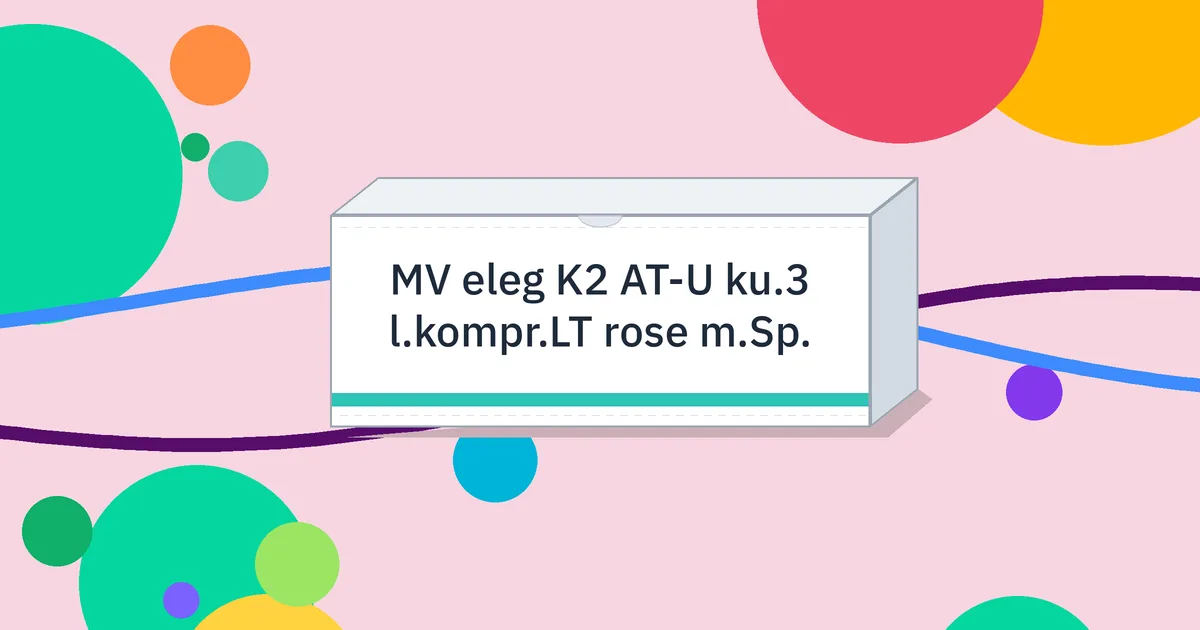 Symbolbild: Packung mit der Aufschrift MV eleg K2 AT-U ku.3 l.kompr.LT rose m.Sp. (PZN 14692579) – Verfügbarkeit und Bezug in Apotheken in Frankfurt am Main