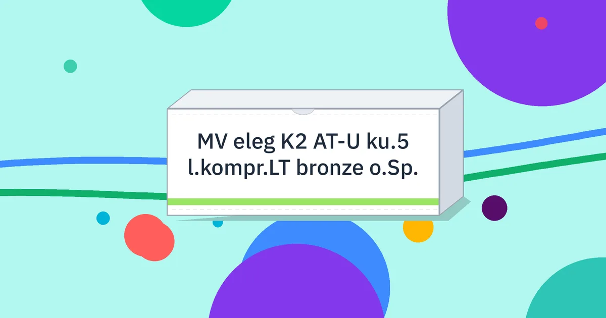 Symbolbild: Packung mit der Aufschrift MV eleg K2 AT-U ku.5 l.kompr.LT bronze o.Sp. (PZN 15291339) – Verfügbarkeit und Bezug in Apotheken in Frankfurt am Main