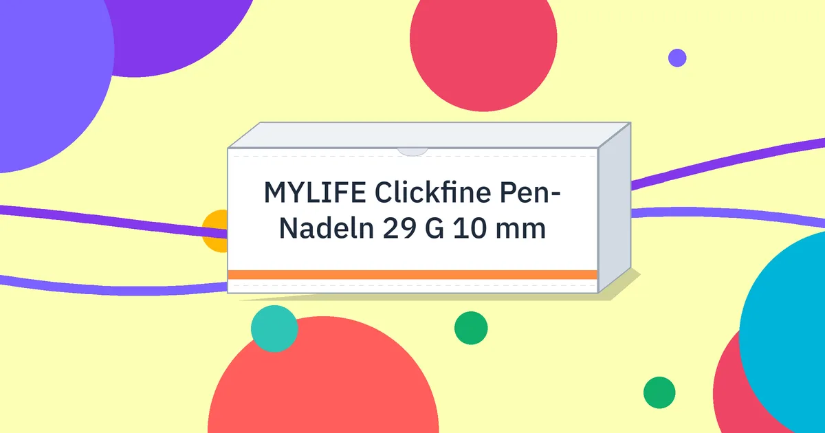 Symbolbild: Packung mit der Aufschrift MYLIFE Clickfine Pen-Nadeln 29 G 10 mm (PZN 09897836) – Verfügbarkeit und Bezug in Apotheken in Frankfurt am Main