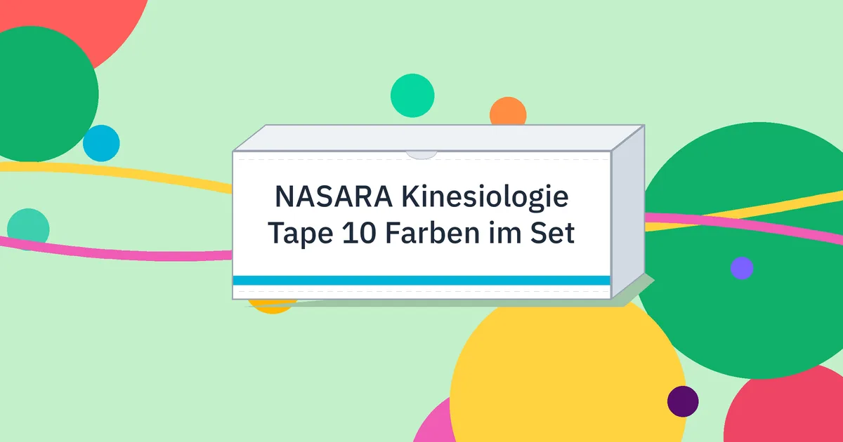 Symbolbild: Packung mit der Aufschrift NASARA Kinesiologie Tape 10 Farben im Set (PZN 03427331) – Verfügbarkeit und Bezug in Apotheken in Frankfurt am Main