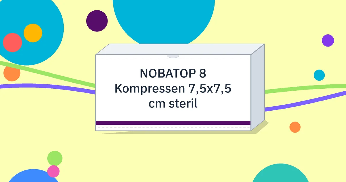 Symbolbild: Packung mit der Aufschrift NOBATOP 8 Kompressen 7,5x7,5 cm steril (PZN 16259786) – Verfügbarkeit und Bezug in Apotheken in Frankfurt am Main