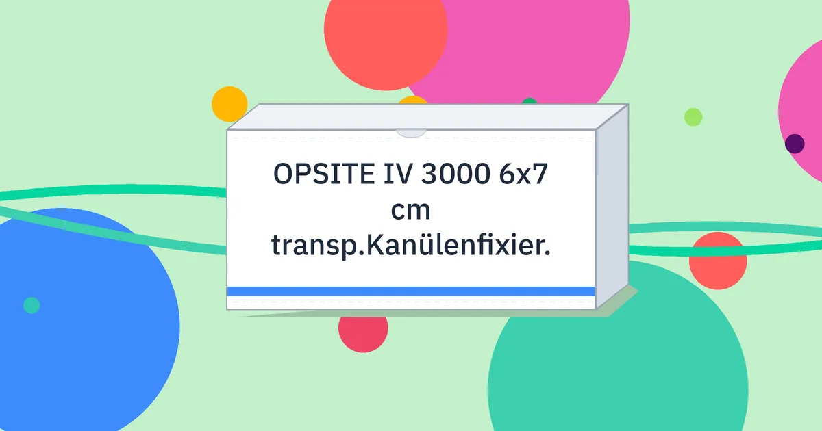 Symbolbild: Packung mit der Aufschrift OPSITE IV 3000 6x7 cm transp.Kanülenfixier. (PZN 04481226) – Verfügbarkeit und Bezug in Apotheken in Frankfurt am Main