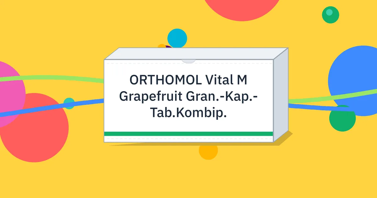 Symbolbild: Packung mit der Aufschrift ORTHOMOL Vital M Grapefruit Gran.-Kap.-Tab.Kombip. (PZN 01028532) – Verfügbarkeit und Bezug in Apotheken in Frankfurt am Main