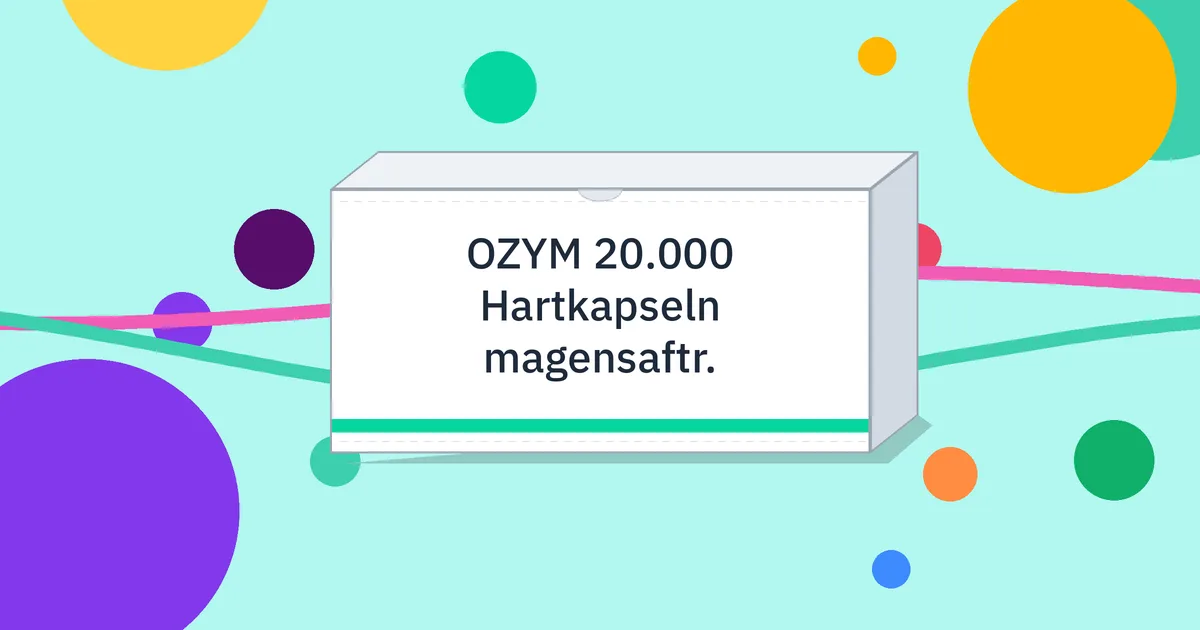 Symbolbild: Packung mit der Aufschrift OZYM 20.000 Hartkapseln magensaftr. (PZN 06958129) – Verfügbarkeit und Bezug in Apotheken in Frankfurt am Main