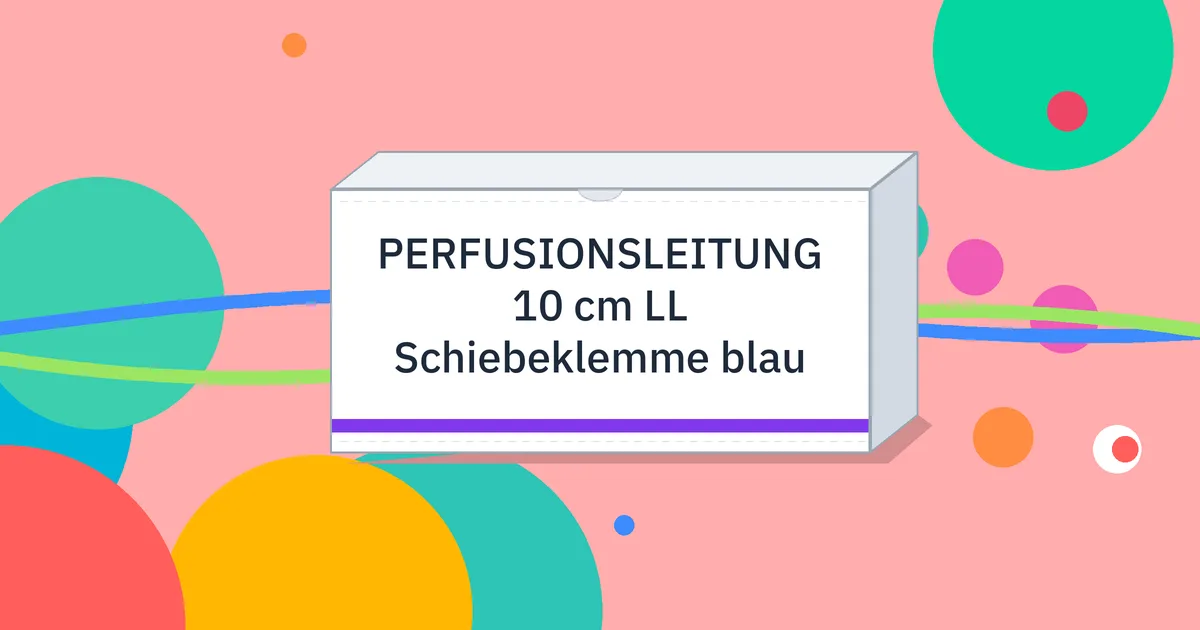 Symbolbild: Packung mit der Aufschrift PERFUSIONSLEITUNG 10 cm LL Schiebeklemme blau (PZN 17487070) – Verfügbarkeit und Bezug in Apotheken in Frankfurt am Main