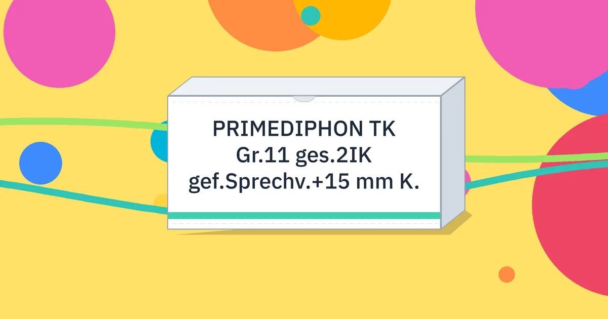 Symbolbild: Packung mit der Aufschrift PRIMEDIPHON TK Gr.11 ges.2IK gef.Sprechv.+15 mm K. (PZN 10282531) – Verfügbarkeit und Bezug in Apotheken in Frankfurt am Main