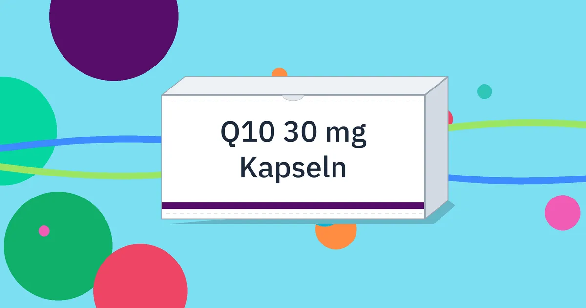 Symbolbild: Packung mit der Aufschrift Q10 30 mg Kapseln (PZN 02577471) – Verfügbarkeit und Bezug in Apotheken in Frankfurt am Main