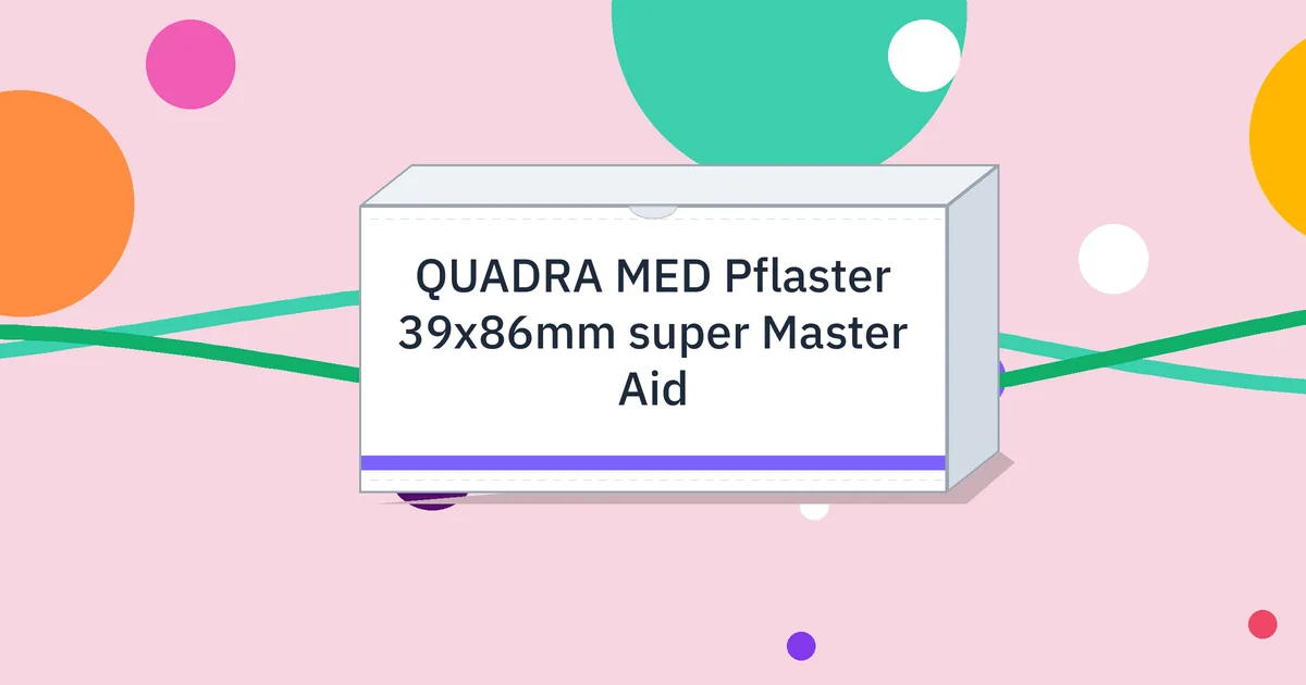 Symbolbild: Packung mit der Aufschrift QUADRA MED Pflaster 39x86mm super Master Aid (PZN 00602638) – Verfügbarkeit und Bezug in Apotheken in Frankfurt am Main