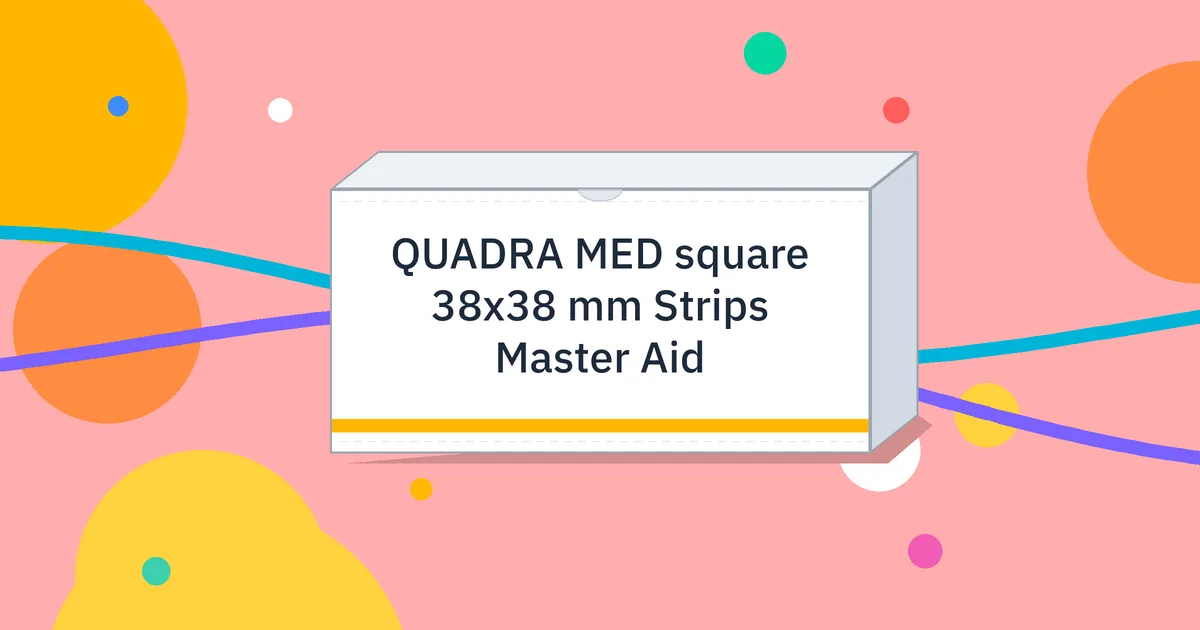 Symbolbild: Packung mit der Aufschrift QUADRA MED square 38x38 mm Strips Master Aid (PZN 20047624) – Verfügbarkeit und Bezug in Apotheken in Frankfurt am Main