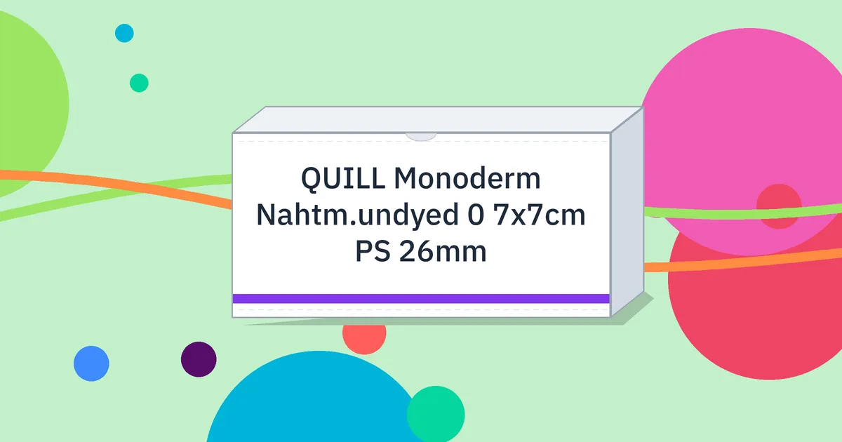 Symbolbild: Packung mit der Aufschrift QUILL Monoderm Nahtm.undyed 0 7x7cm PS 26mm (PZN 17988576) – Verfügbarkeit und Bezug in Apotheken in Frankfurt am Main