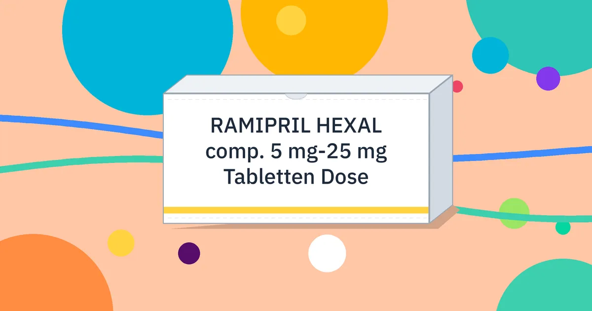 Symbolbild: Packung mit der Aufschrift RAMIPRIL HEXAL comp. 5 mg-25 mg Tabletten Dose (PZN 17420918) – Verfügbarkeit und Bezug in Apotheken in Frankfurt am Main
