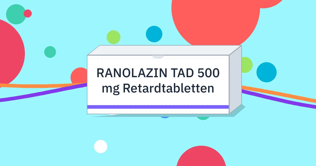 Symbolbild: Packung mit der Aufschrift RANOLAZIN TAD 500 mg Retardtabletten (PZN 18600864) – Verfügbarkeit und Bezug in Apotheken in Frankfurt am Main