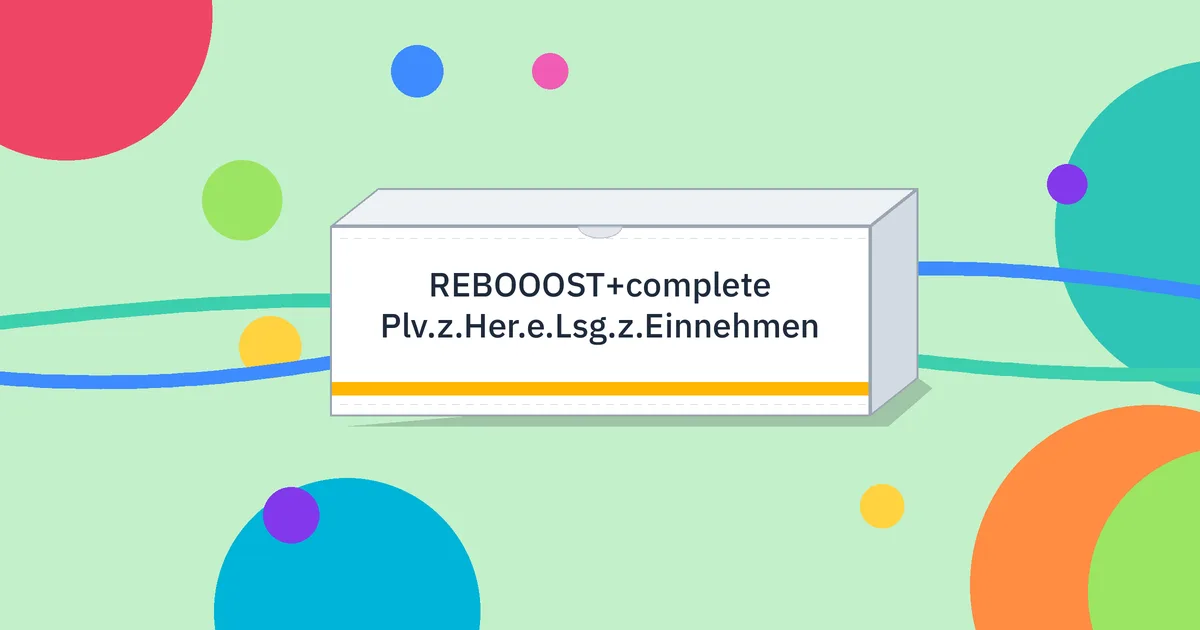 Symbolbild: Packung mit der Aufschrift REBOOOST+complete Plv.z.Her.e.Lsg.z.Einnehmen (PZN 11235887) – Verfügbarkeit und Bezug in Apotheken in Frankfurt am Main