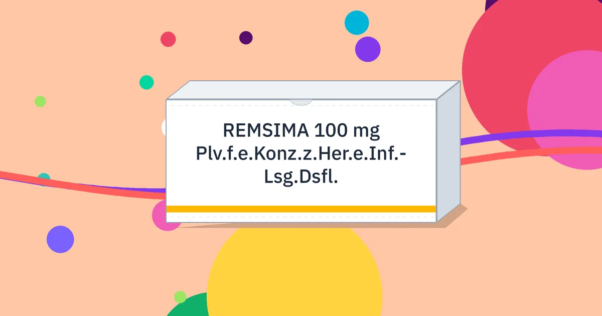 Symbolbild: Packung mit der Aufschrift REMSIMA 100 mg Plv.f.e.Konz.z.Her.e.Inf.-Lsg.Dsfl. (PZN 19643628) – Verfügbarkeit und Bezug in Apotheken in Frankfurt am Main