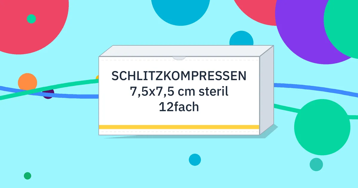 Symbolbild: Packung mit der Aufschrift SCHLITZKOMPRESSEN 7,5x7,5 cm steril 12fach (PZN 08888982) – Verfügbarkeit und Bezug in Apotheken in Frankfurt am Main