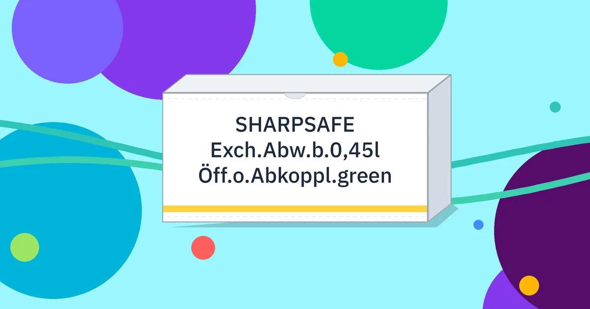Symbolbild: Packung mit der Aufschrift SHARPSAFE Exch.Abw.b.0,45l Öff.o.Abkoppl.green (PZN 18448416) – Verfügbarkeit und Bezug in Apotheken in Frankfurt am Main