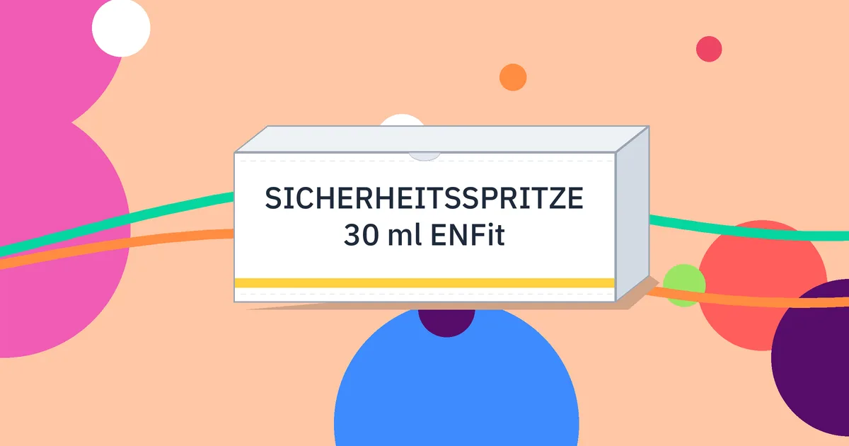 Symbolbild: Packung mit der Aufschrift SICHERHEITSSPRITZE 30 ml ENFit (PZN 15240282) – Verfügbarkeit und Bezug in Apotheken in Frankfurt am Main