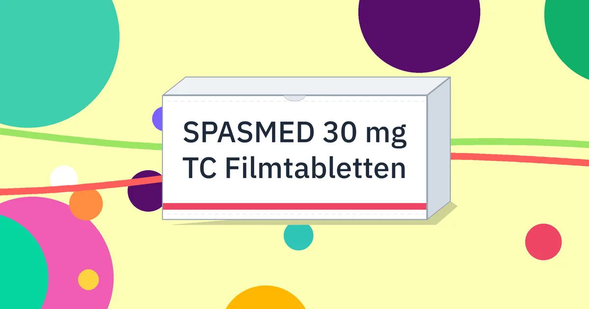 Symbolbild: Packung mit der Aufschrift SPASMED 30 mg TC Filmtabletten (PZN 15398221) – Verfügbarkeit und Bezug in Apotheken in Frankfurt am Main