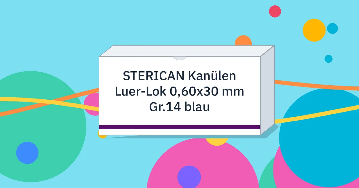Symbolbild: Packung mit der Aufschrift STERICAN Kanülen Luer-Lok 0,60x30 mm Gr.14 blau (PZN 16016871) – Verfügbarkeit und Bezug in Apotheken in Frankfurt am Main
