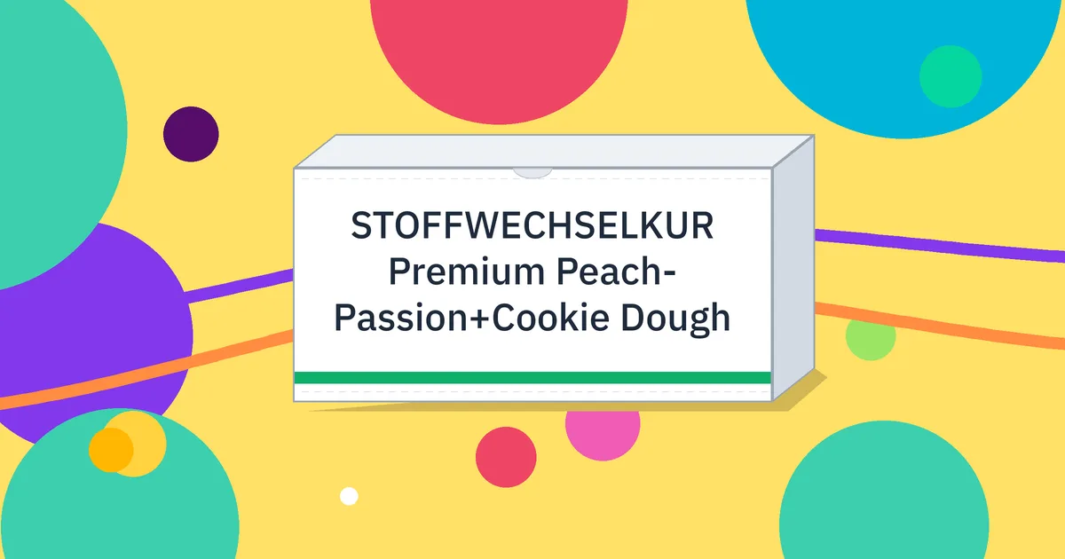 Symbolbild: Packung mit der Aufschrift STOFFWECHSELKUR Premium Peach-Passion+Cookie Dough (PZN 14044515) – Verfügbarkeit und Bezug in Apotheken in Frankfurt am Main