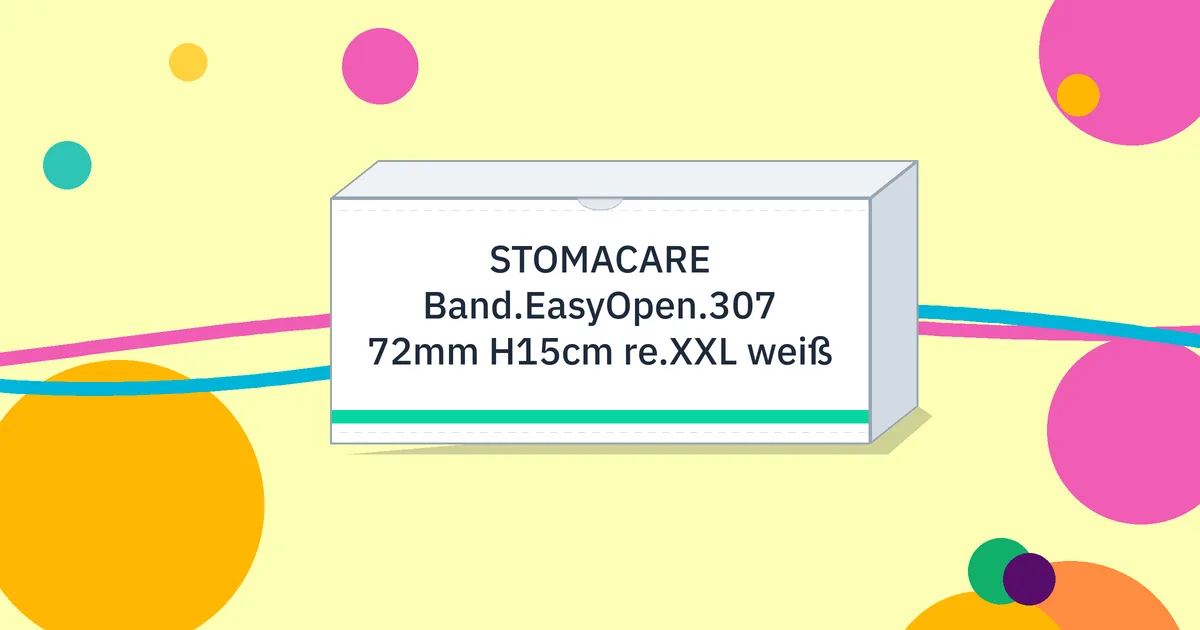 Symbolbild: Packung mit der Aufschrift STOMACARE Band.EasyOpen.307 72mm H15cm re.XXL weiß (PZN 07665470) – Verfügbarkeit und Bezug in Apotheken in Frankfurt am Main
