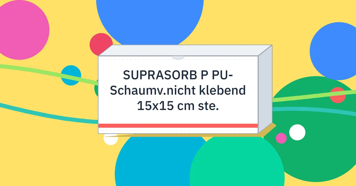 Symbolbild: Packung mit der Aufschrift SUPRASORB P PU-Schaumv.nicht klebend 15x15 cm ste. (PZN 11606906) – Verfügbarkeit und Bezug in Apotheken in Frankfurt am Main