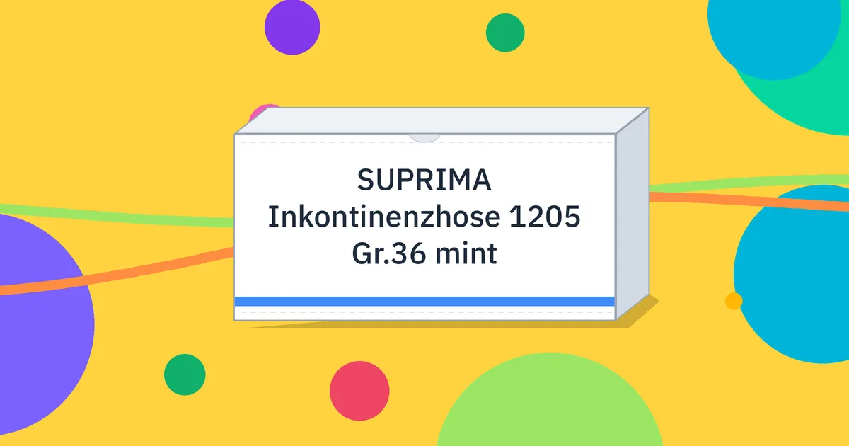 Symbolbild: Packung mit der Aufschrift SUPRIMA Inkontinenzhose 1205 Gr.36 mint (PZN 07631399) – Verfügbarkeit und Bezug in Apotheken in Frankfurt am Main