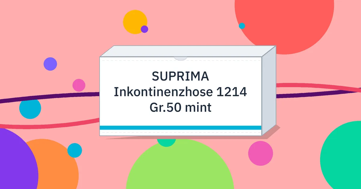 Symbolbild: Packung mit der Aufschrift SUPRIMA Inkontinenzhose 1214 Gr.50 mint (PZN 07633412) – Verfügbarkeit und Bezug in Apotheken in Frankfurt am Main