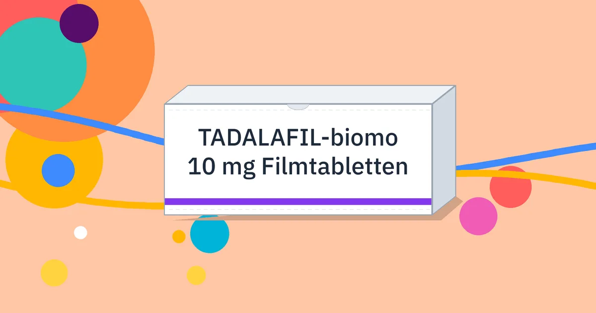 Symbolbild: Packung mit der Aufschrift TADALAFIL-biomo 10 mg Filmtabletten (PZN 18676614) – Verfügbarkeit und Bezug in Apotheken in Frankfurt am Main
