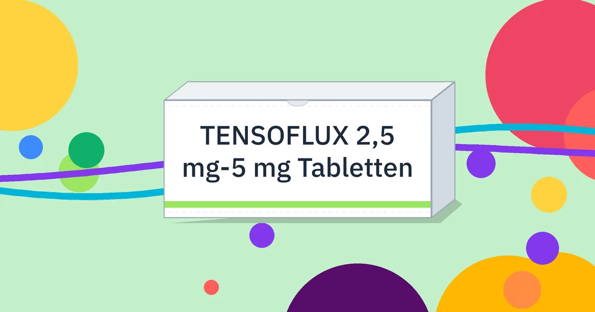 Symbolbild: Packung mit der Aufschrift TENSOFLUX 2,5 mg-5 mg Tabletten (PZN 03127942) – Verfügbarkeit und Bezug in Apotheken in Frankfurt am Main