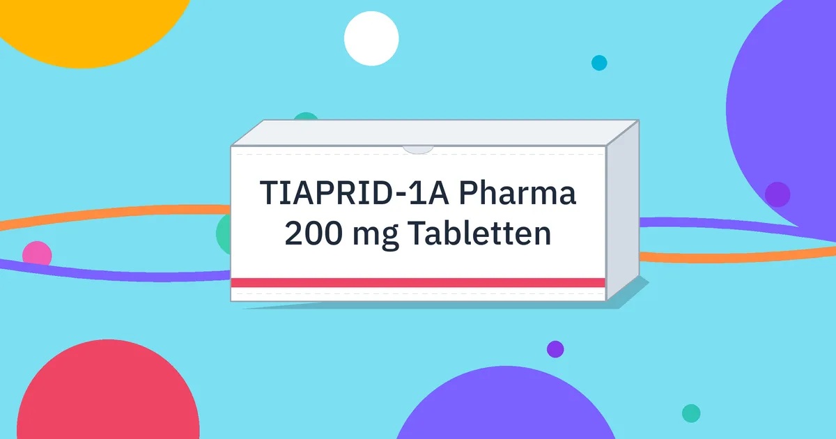 Symbolbild: Packung mit der Aufschrift TIAPRID-1A Pharma 200 mg Tabletten (PZN 10322785) – Verfügbarkeit und Bezug in Apotheken in Frankfurt am Main