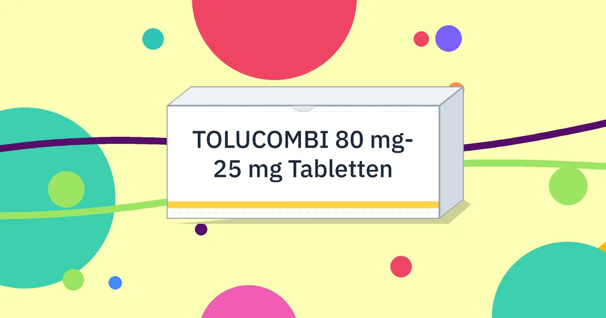 Symbolbild: Packung mit der Aufschrift TOLUCOMBI 80 mg-25 mg Tabletten (PZN 10299997) – Verfügbarkeit und Bezug in Apotheken in Frankfurt am Main