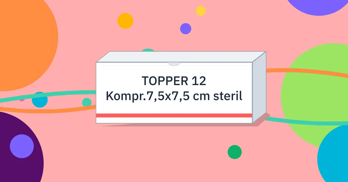 Symbolbild: Packung mit der Aufschrift TOPPER 12 Kompr.7,5x7,5 cm steril (PZN 08821297) – Verfügbarkeit und Bezug in Apotheken in Frankfurt am Main